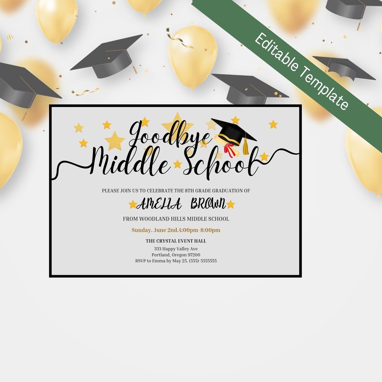 8th Grade Grad Middle School Graduation Invitation Goodbye Middle ...