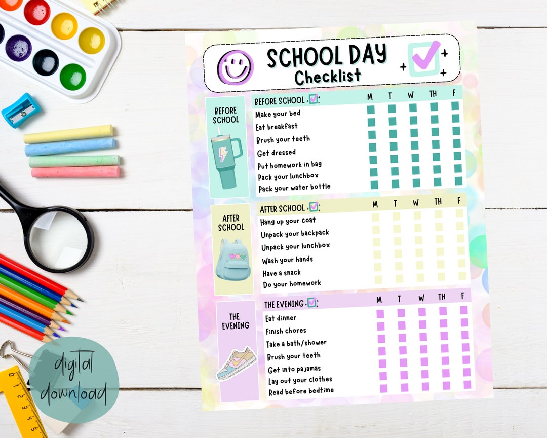 Editable & Reusable School Day Checklist for Kids, Daily Tasks ...