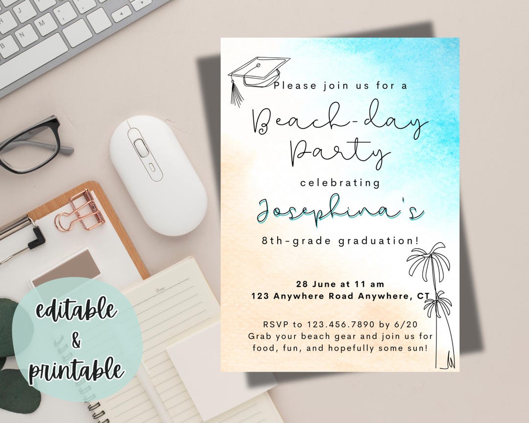 Beach Theme Graduation Invitation, Editable and Customizable, 8th Grade ...