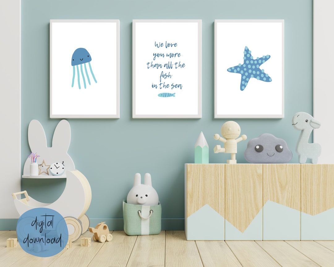 Set of 3 Boho Beach Nursery Decor, Boho Beach Kids Decor, Boho Fish ...