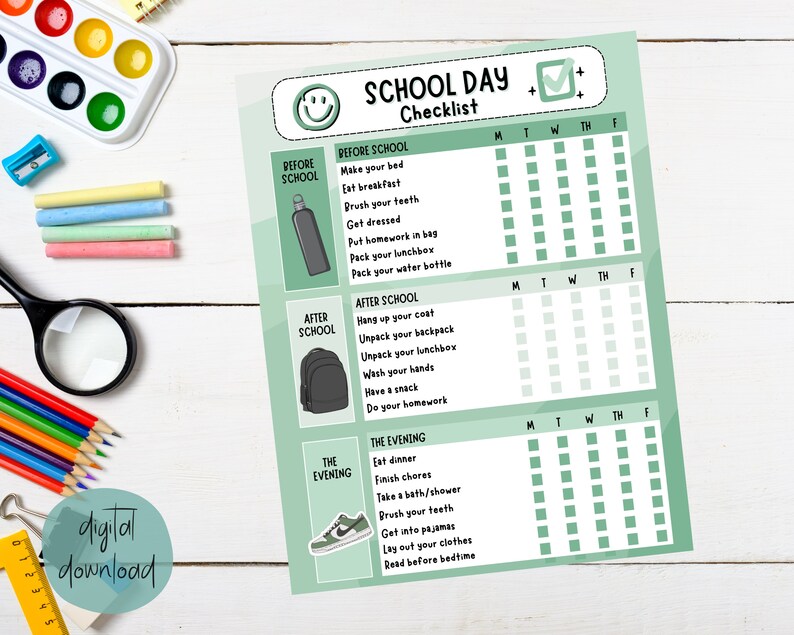 Editable & Reusable School Day Checklist for Kids, Daily Tasks ...