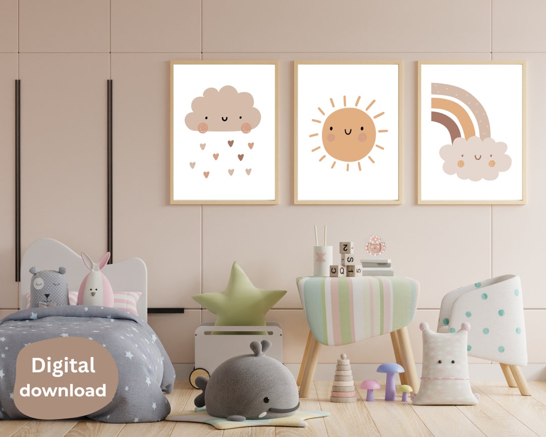 Set of 3 Boho Rain to Rainbows Wall Art, Playroom Boho Wall Art, Kids Boho Wall Art, Boho ...