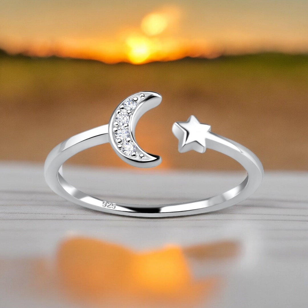 MOON and STAR Resizable Open RING Sparkling Open Fashion Ring Delightful Touch to Any Attire ...