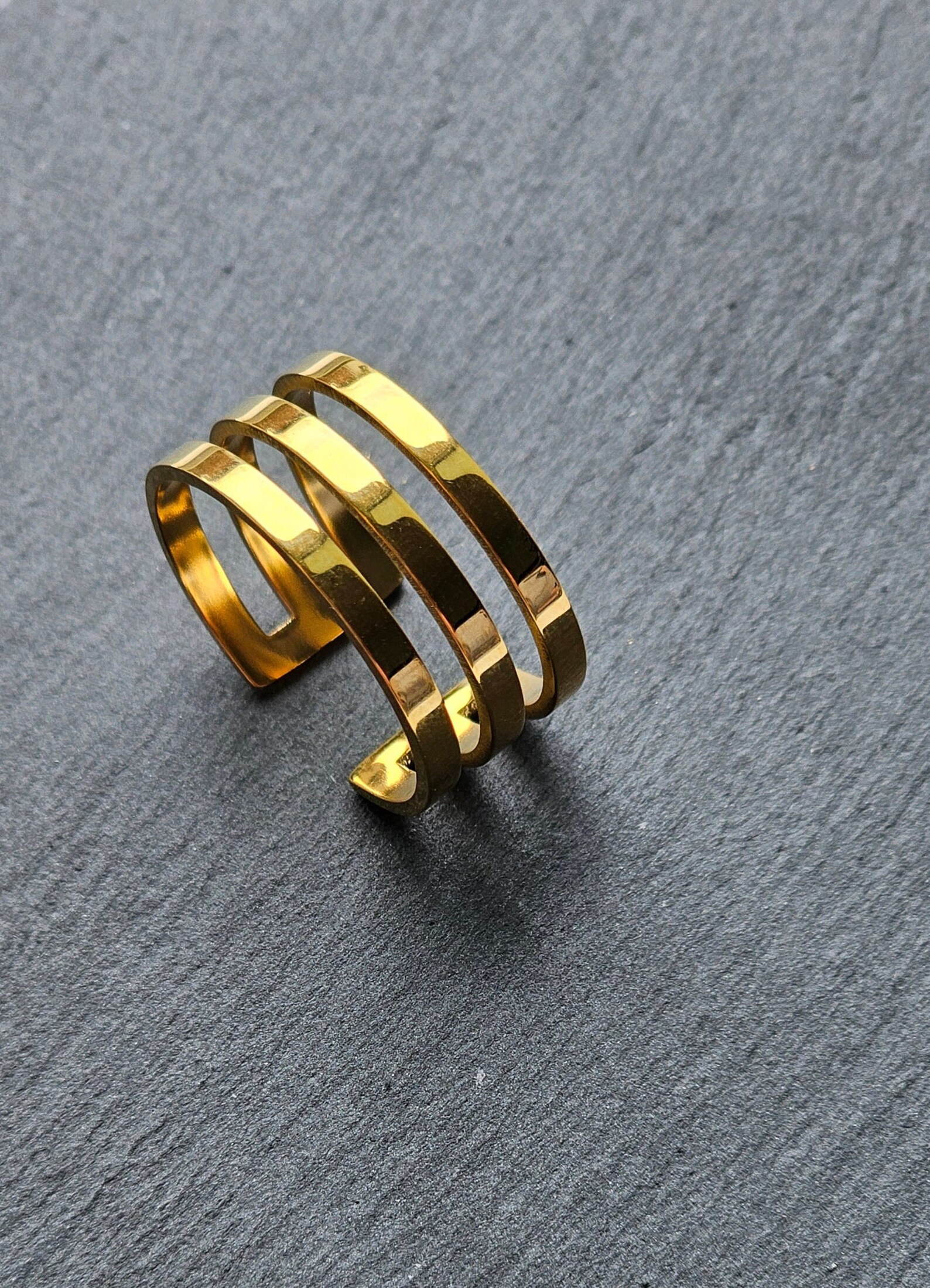 Unique Triple Band Gold Plated Ring - Adjustable Stainless Steel Open ...