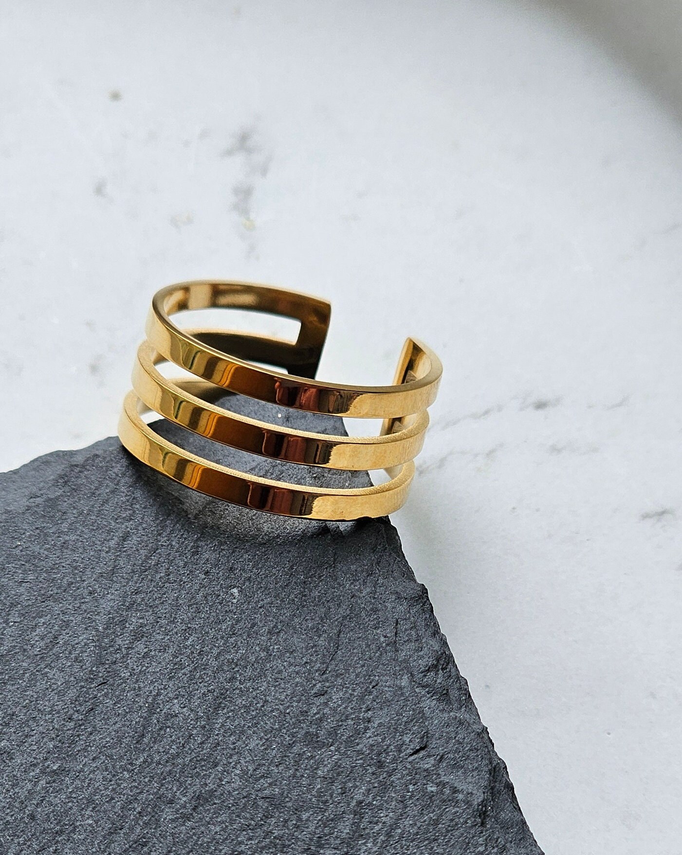 Unique Triple Band Gold Plated Ring - Adjustable Stainless Steel Open ...