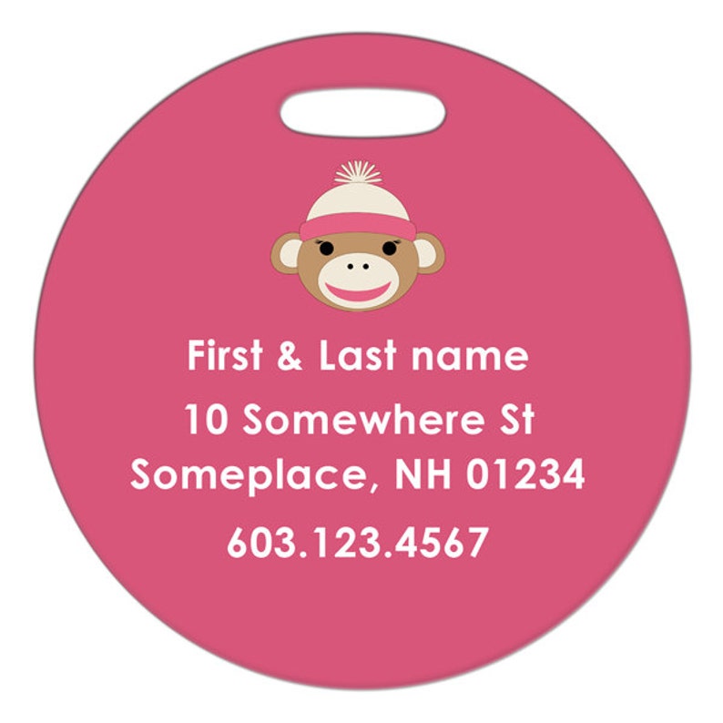 Luggage Tag Girl Sock Monkey Pink Round Large Plastic Bag - Etsy