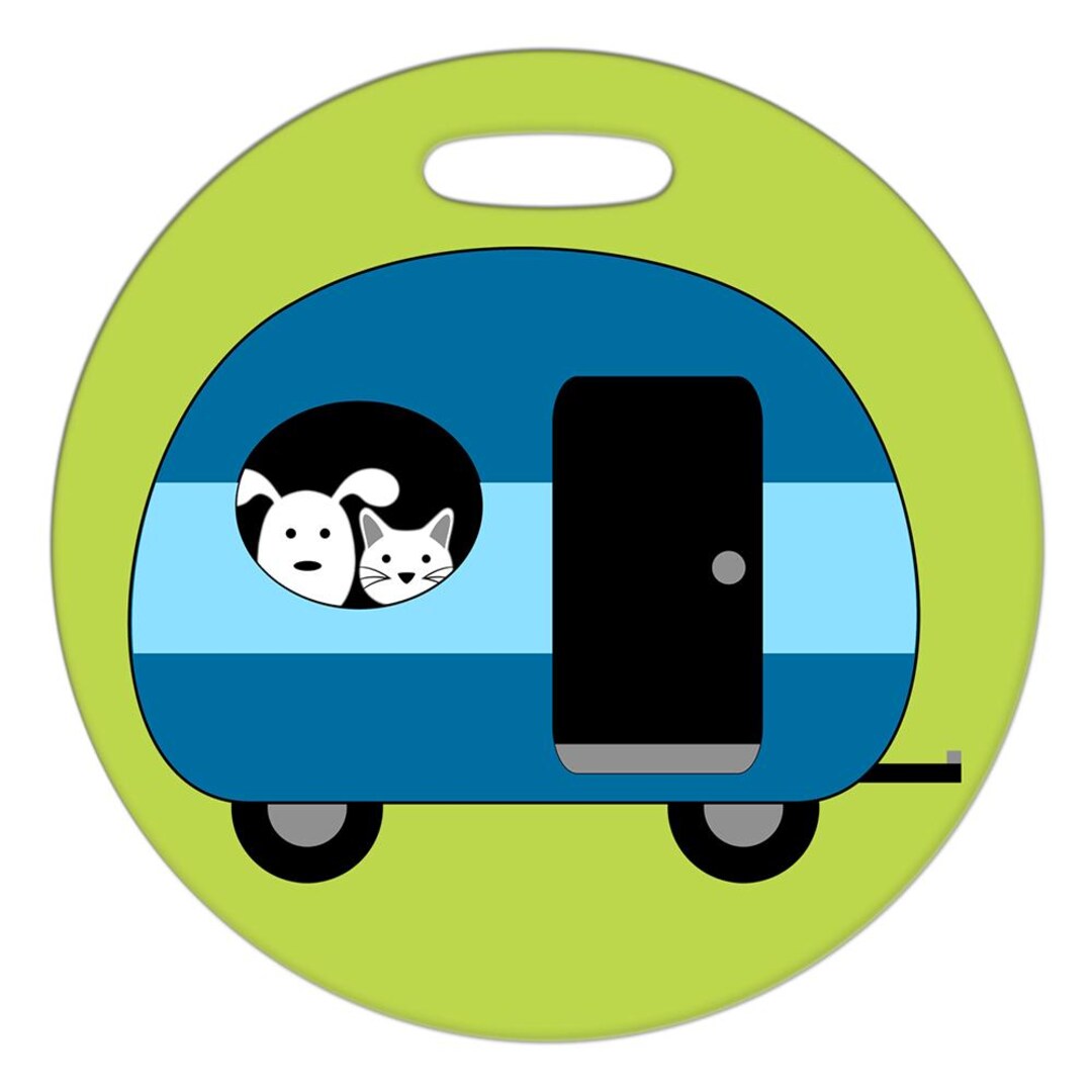 Luggage Tag - Happy Campers, Blue Camper - Round Large Plastic Bag Tag ...