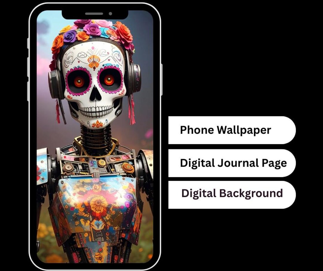 Gothic Halloween Robot Wallpaper – Cyberpunk Sugar Skull Digital Lock ...