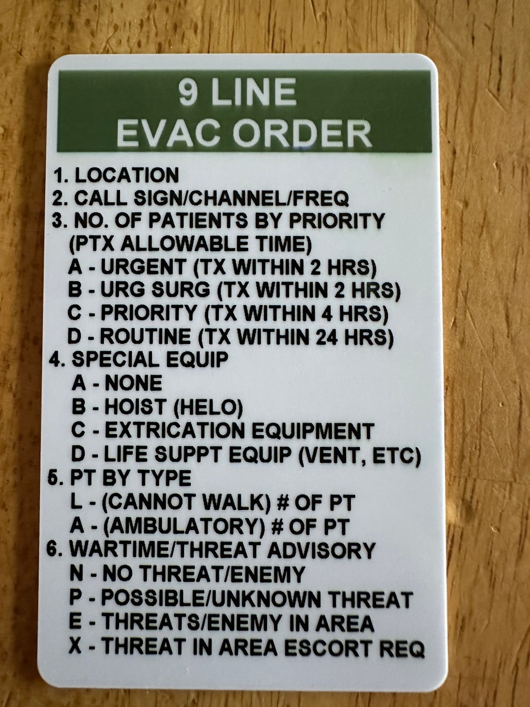 9 Line Medical Evacuation Order Reference Card by TRS Set of 2 - Etsy