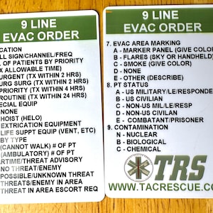 9 Line Medical Evacuation Order Reference Card by TRS Set of 2 - Etsy