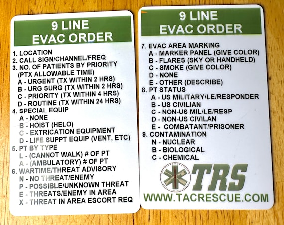 9 Line Medevac Card Card, Slate, Aide Memoire, Commanders', MIST AT