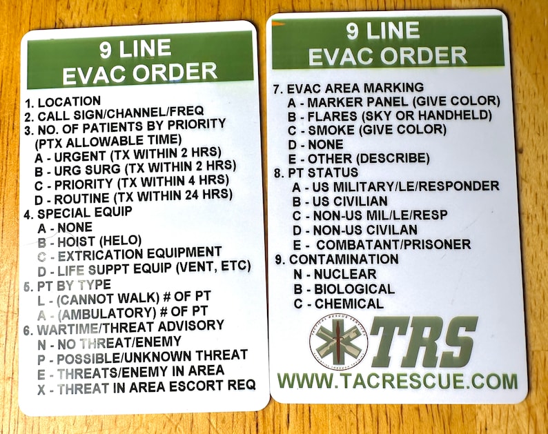 9 Line Medical Evacuation Order Reference Card by TRS Set of 2 - Etsy