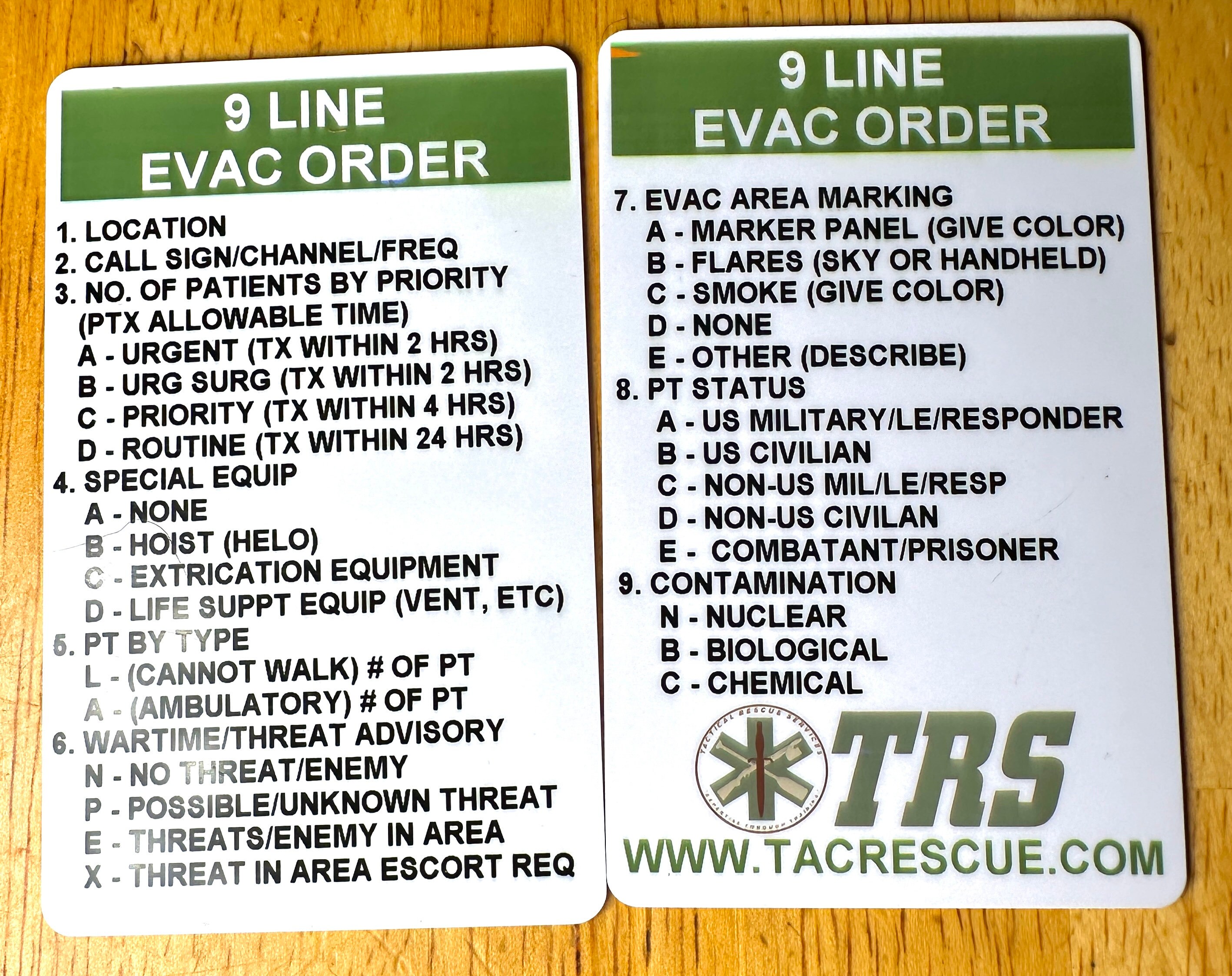 9 Line Medical Evacuation Order Reference Card by TRS Set of 2 - Etsy