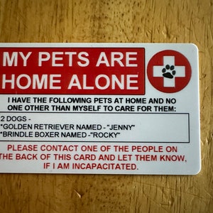 Pets Home Alone Emergency Card - Etsy