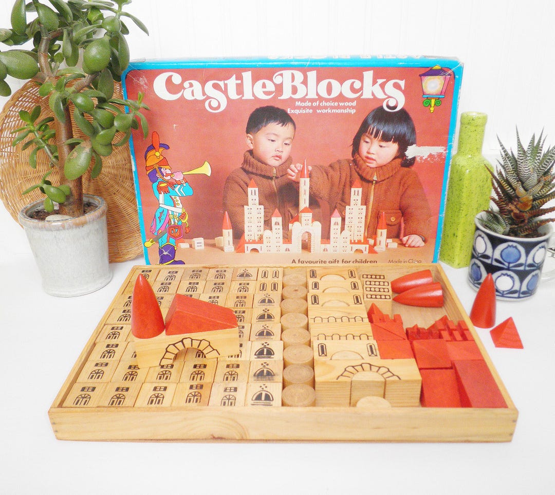 Vintage 1970's CASTLE BLOCKS Complete Wood Block Building Set With ...