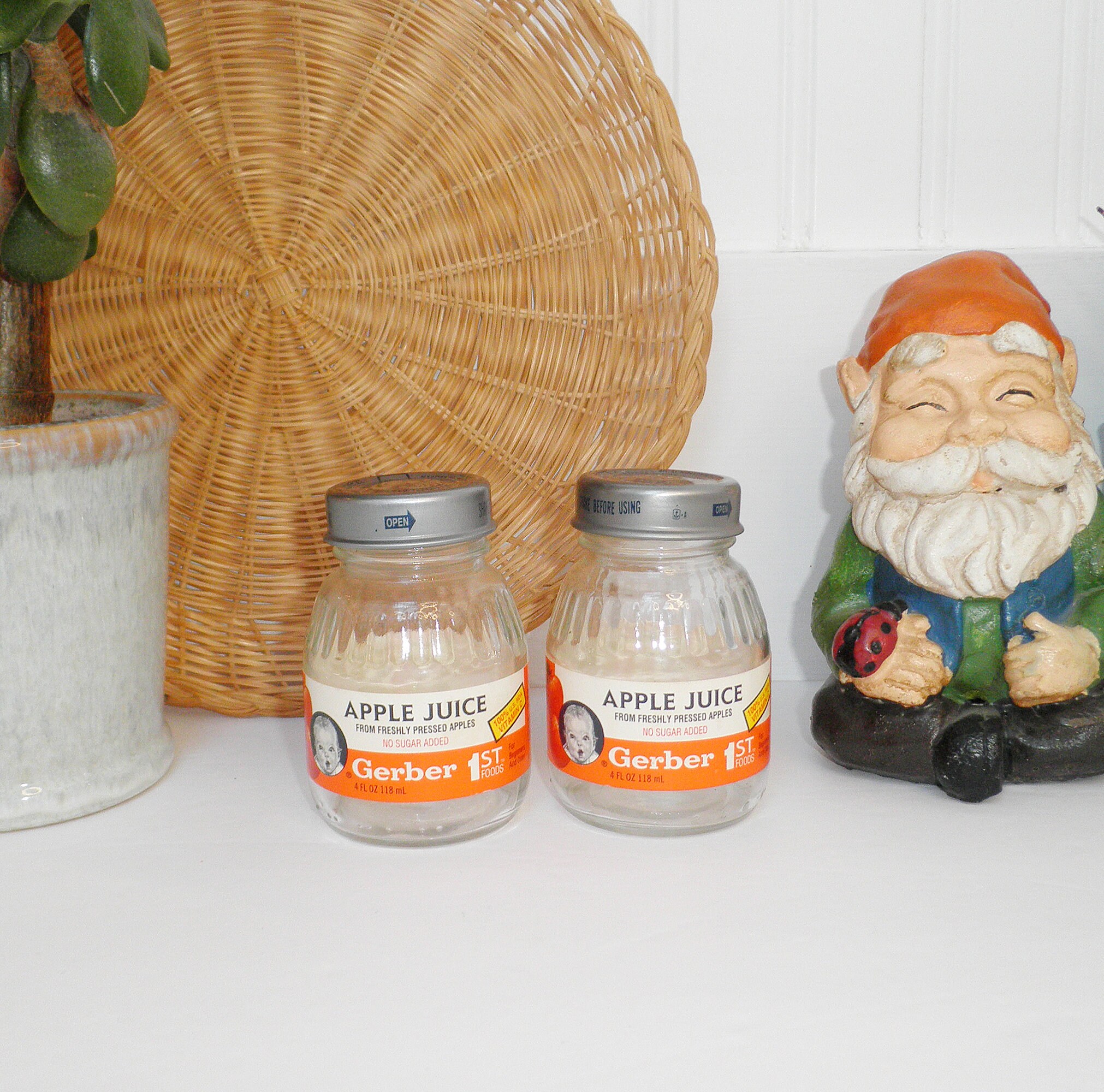 Vintage Gerber 1st Foods APPLE JUICE Baby Food Jars Pair of Glass With ...