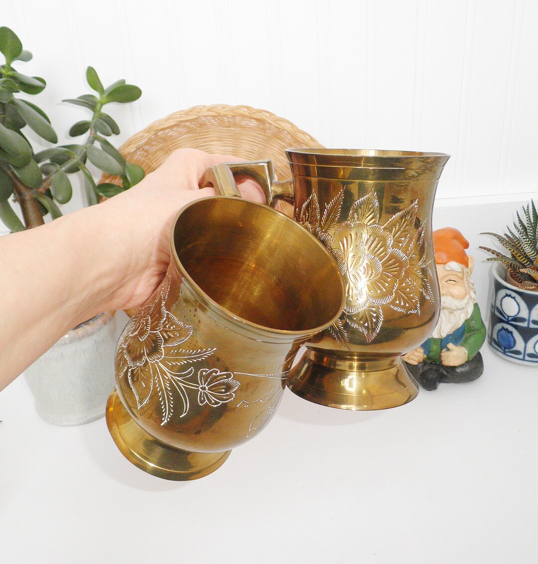 Vintage Solid Brass Floral Etched Pair of Mugs Swords & Palm Trees ...