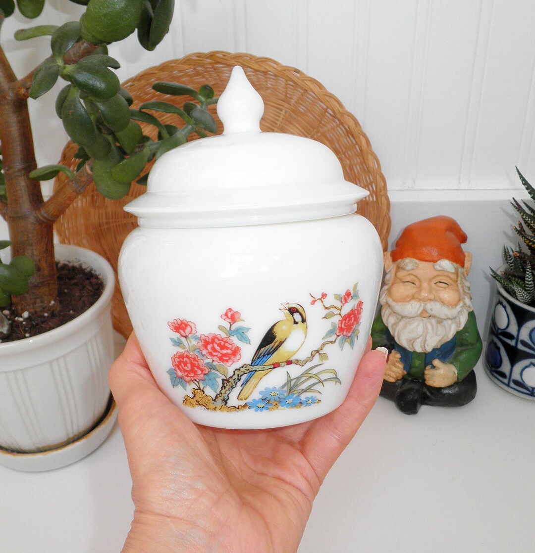 Vintage 1970s Avon Milk Glass Ginger Jar With Lid Bird and Floral ...