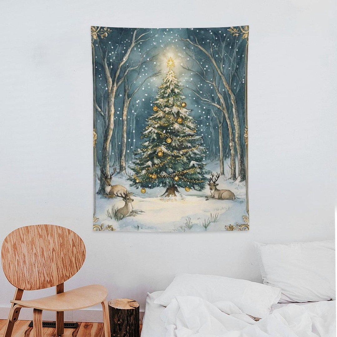 Large Vintage Christmas Tree Tapestry, Decorated Snow Christmas Tree ...