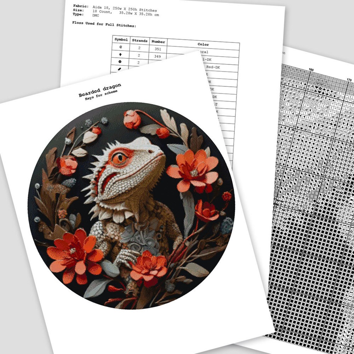 Dragon Lizard Flowers Floral Cross Stitch Stitches: 250 X 250 Pattern ...