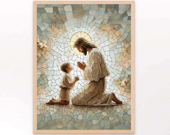 On His Shoulders, Jesus Christ and Little Boy, Christian Art, Bible Art ...