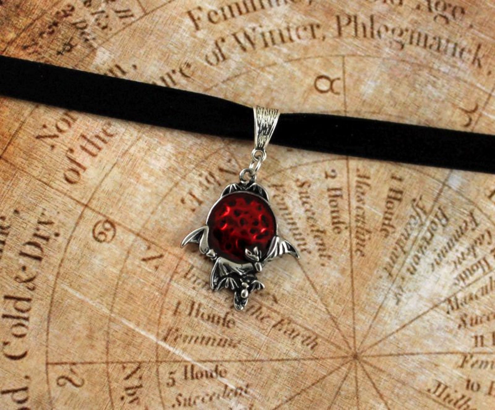 MIDNIGHT FEAST - Vampire Bat Black Velvet Ribbon Choker, Blood Red ...