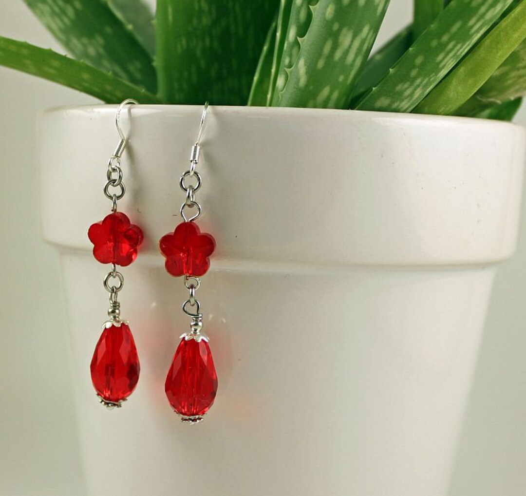 LADY in RED - Glass Crystal Earrings, Sterling Silver Earwires, Plum ...