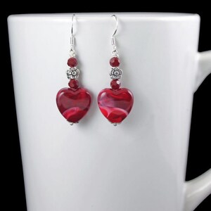 SHADED - Red Marbled Heart Earrings, Sterling Silver, Silver Flowers ...