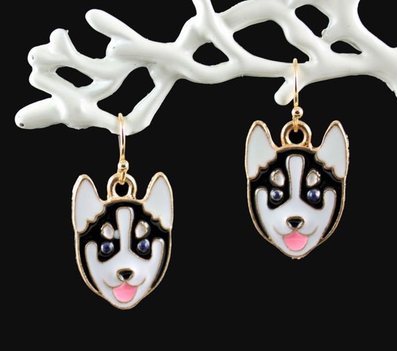 HUSKIES Husky Dog Earrings Enamel Gold Animal Jewelry | Etsy