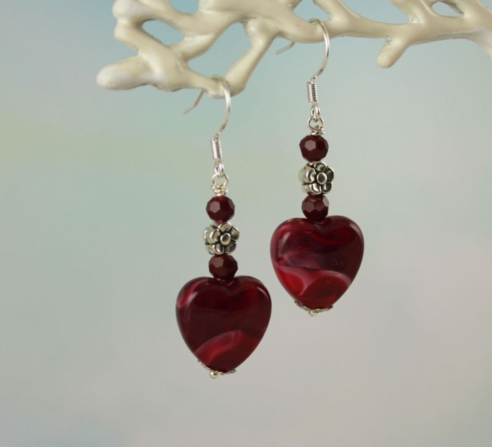 SHADED Red Marbled Heart Earrings Sterling Silver Silver - Etsy