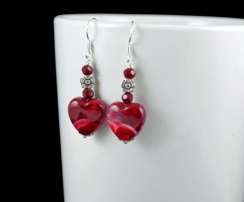 SHADED - Red Marbled Heart Earrings, Sterling Silver, Silver Flowers ...