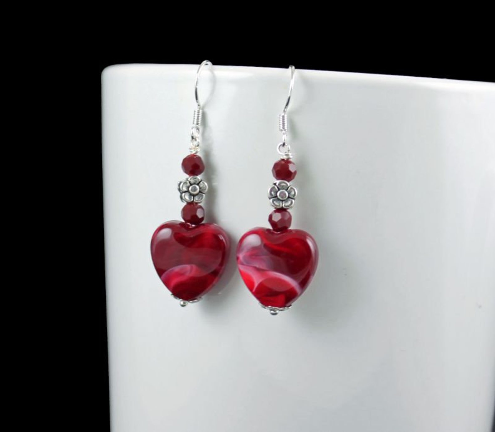 SHADED Red Marbled Heart Earrings Sterling Silver Silver - Etsy