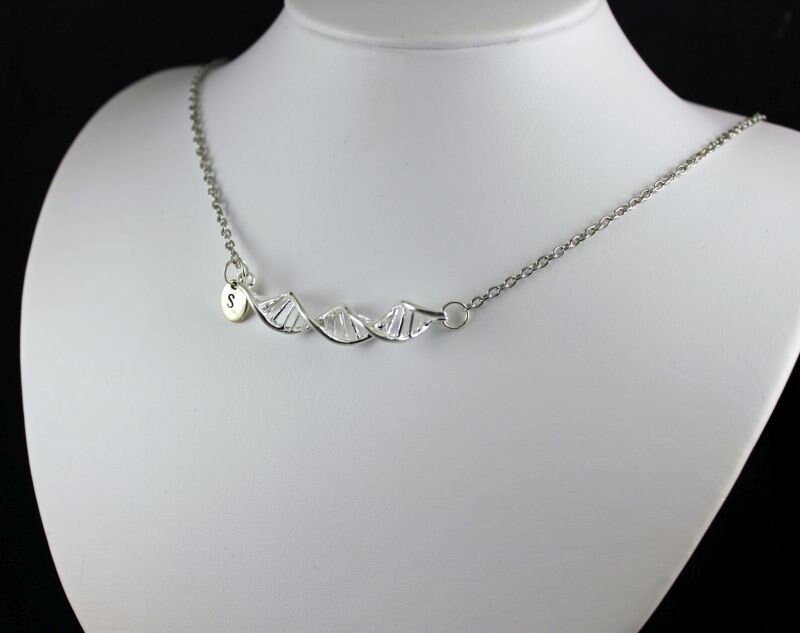 LIFE - Silver DNA Double Helix Necklace, Personalized Initial, Spiral ...