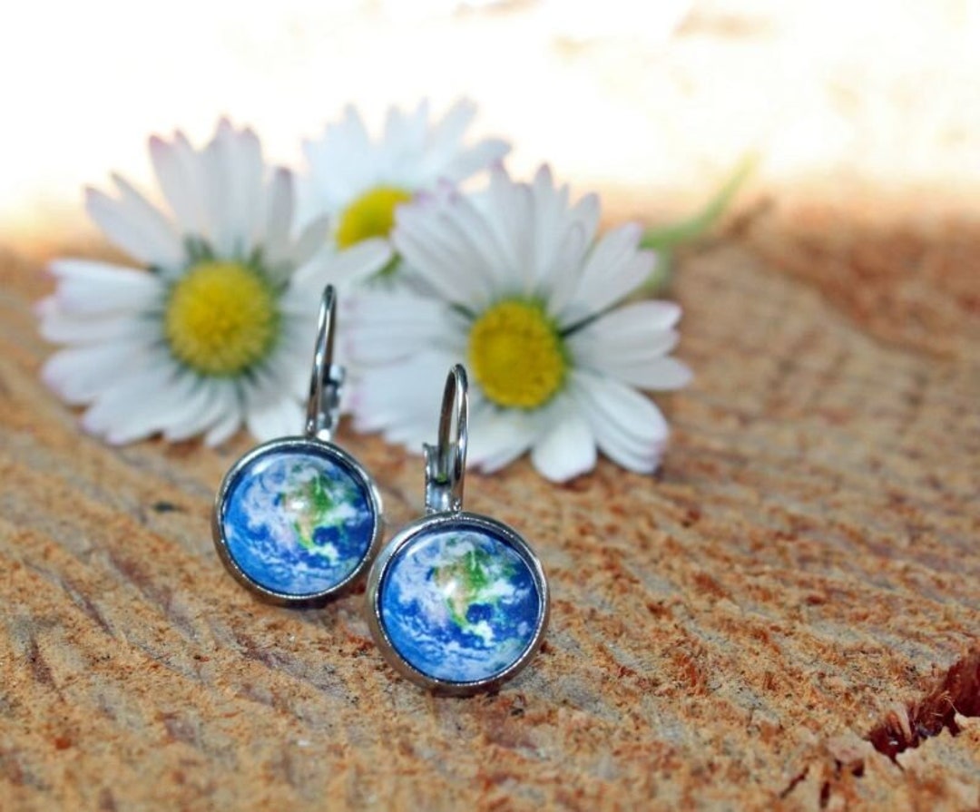 Earth Day Earrings – Stainless Steel Lever Back, Planet Earth Glass ...