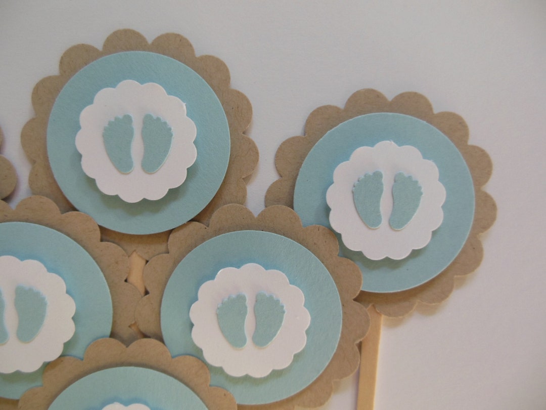 Baby Footprint Cupcake Toppers Blue, White and Tan Boy Baby Shower ...