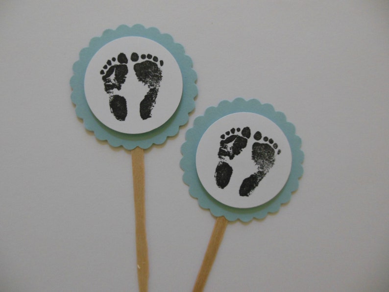 Footprint Cupcake Toppers Blue and White Boy Baby Shower | Etsy