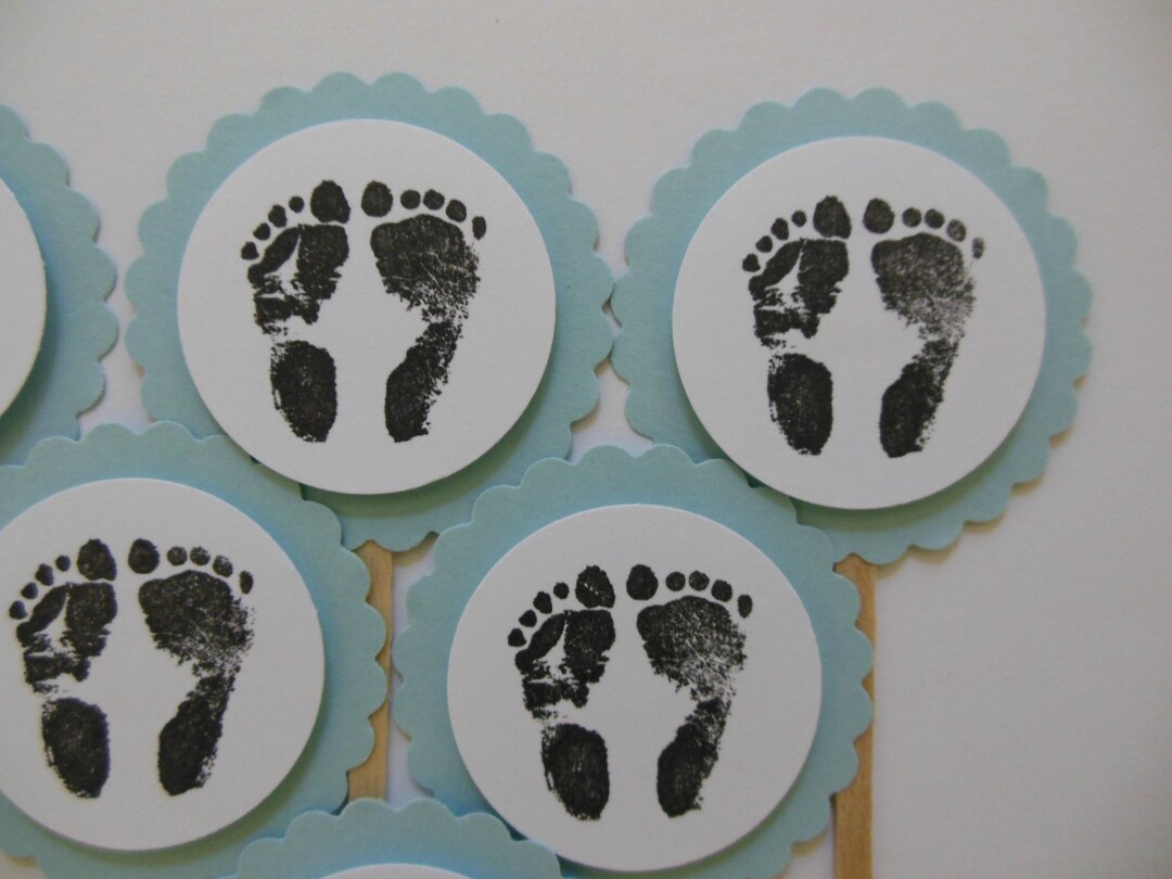 Footprint Cupcake Toppers Blue and White Boy Baby Shower Decorations ...