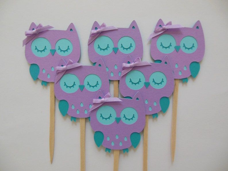 Owl Cupcake Toppers Lavender and Aqua Girl Birthday Party | Etsy
