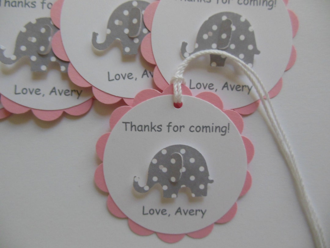 Elephant Party Favor Tags Thanks for Coming Gray Polka Dots, Pink and ...