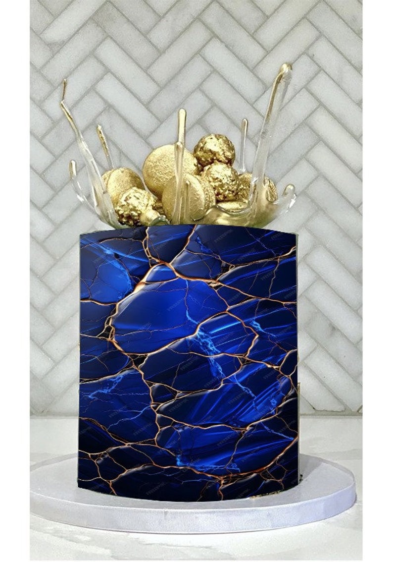 Edible Marble Gold Blue Cake Wrap Photo Edible Cake Border ICING/WAFER ...