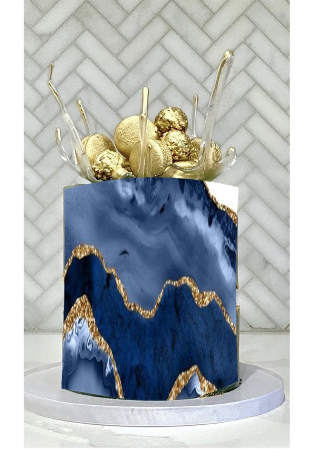Edible Marble Gold Blue Cake Wrap Photo Edible Cake Border ICING/WAFER ...