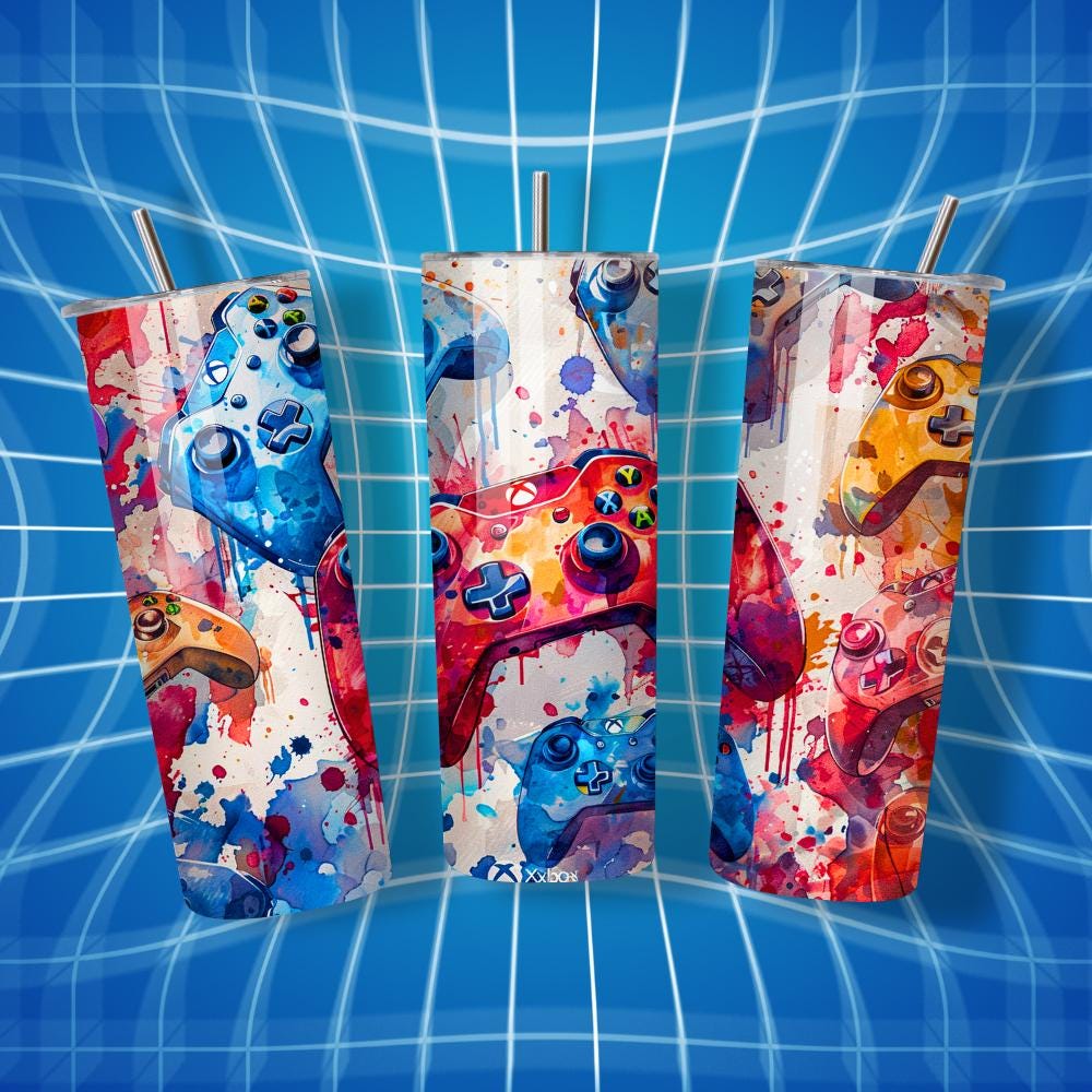 Watercolor Gamer Console 20oz Skinny Tumbler Sublimation Design Video ...