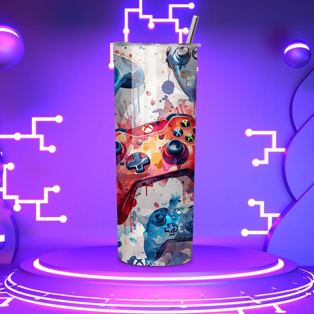 Watercolor Gamer Console 20oz Skinny Tumbler Sublimation Design Video ...