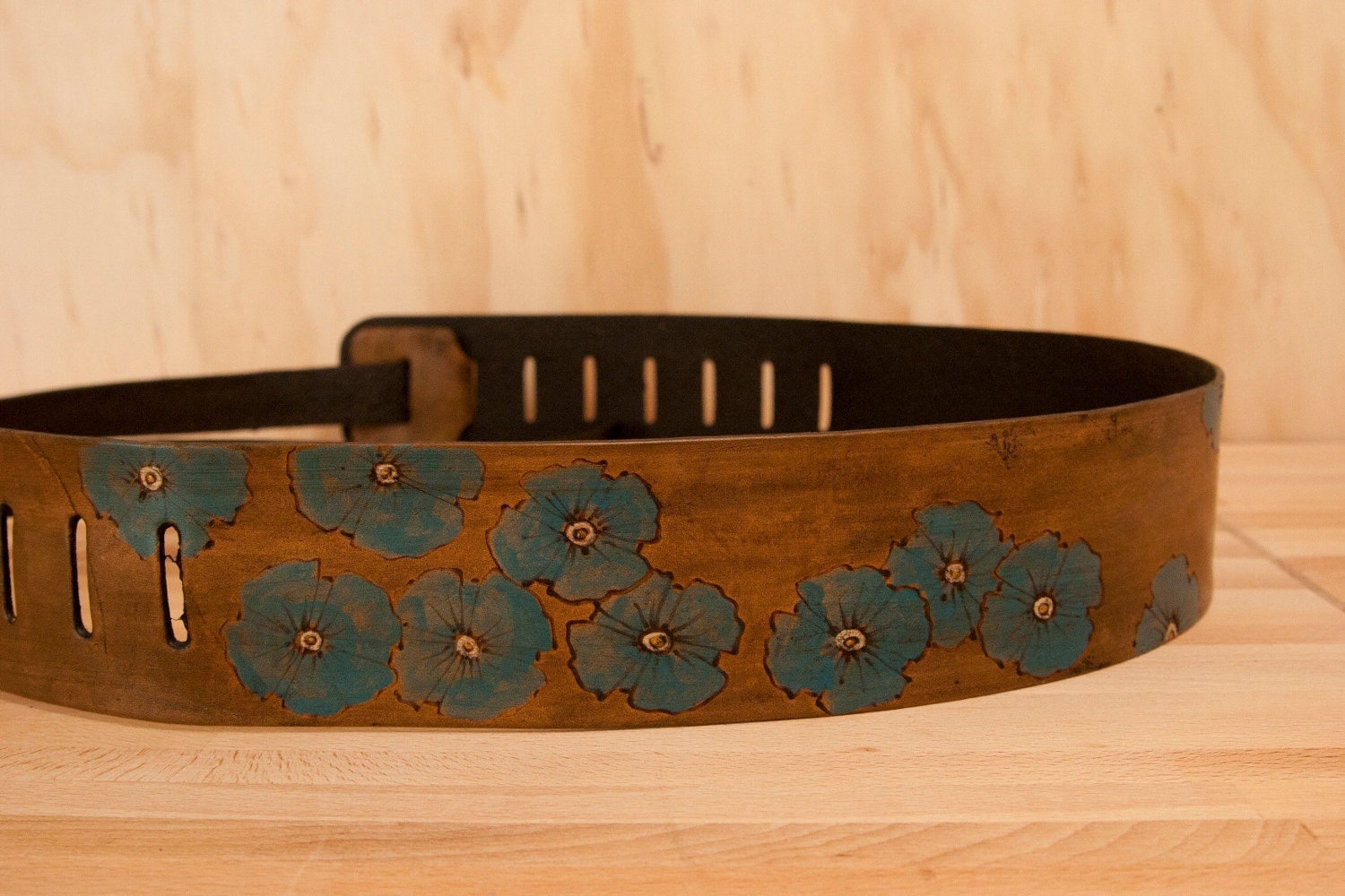 Leather Guitar Strap - Turquoise and Antique Brown - Poppy Garden ...