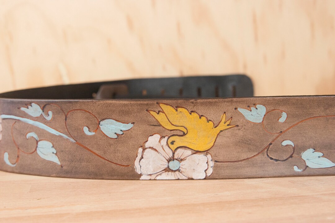 Handmade Leather Guitar Strap: Hummingbird & Floral Design - Etsy