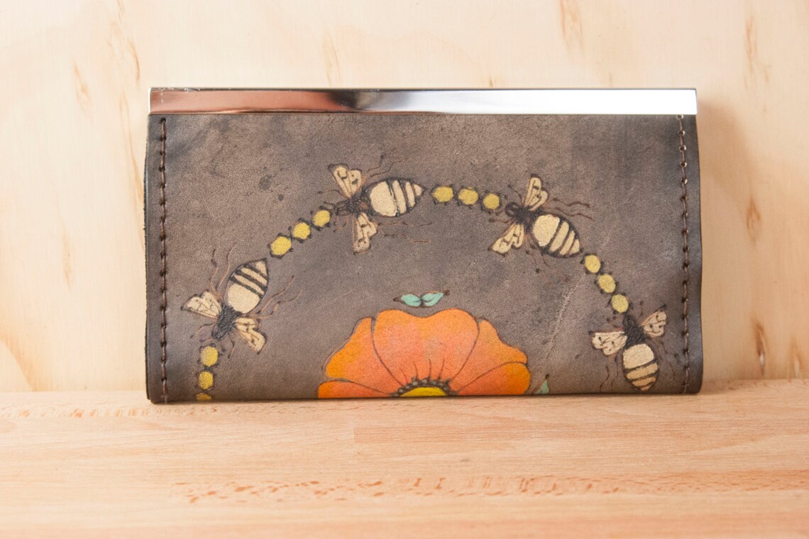 Leather Checkbook Wallet Bee Line Pattern Leather in | Etsy