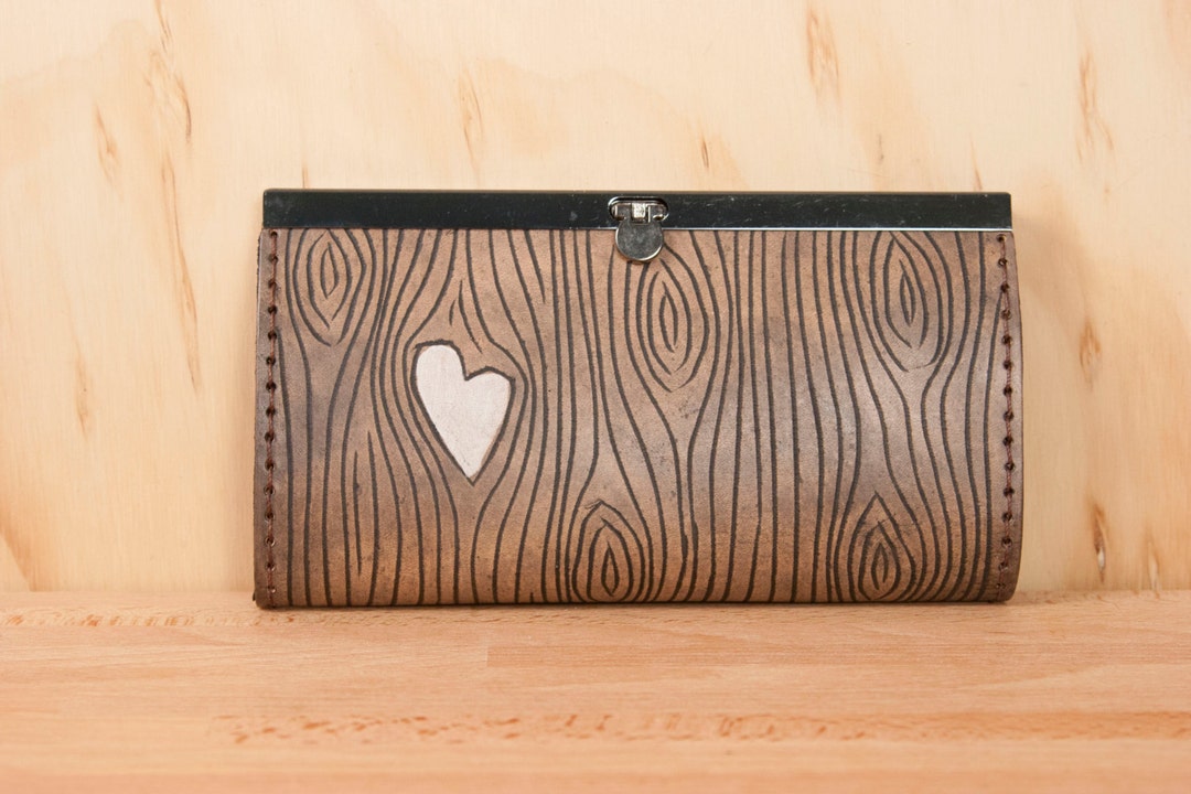 Leather Checkbook Wallet - Nice Pattern With Wood Grain and Heart in ...