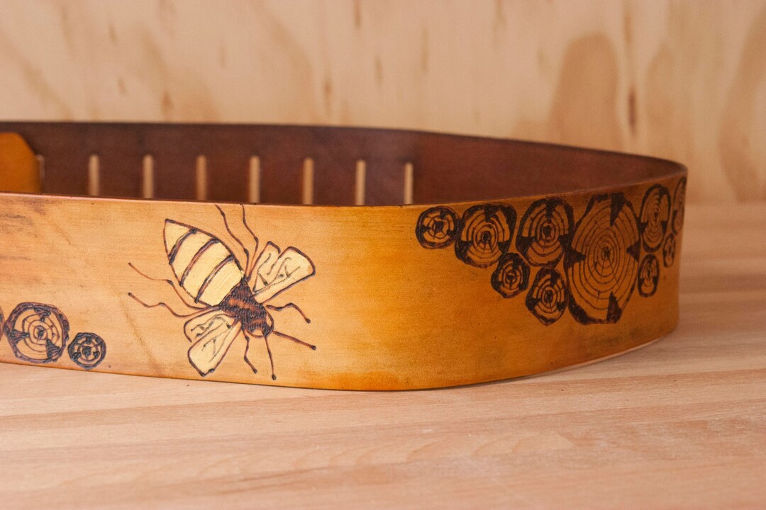 Leather Guitar Strap - Worker Bee Pattern With Bee and Wood Rounds ...