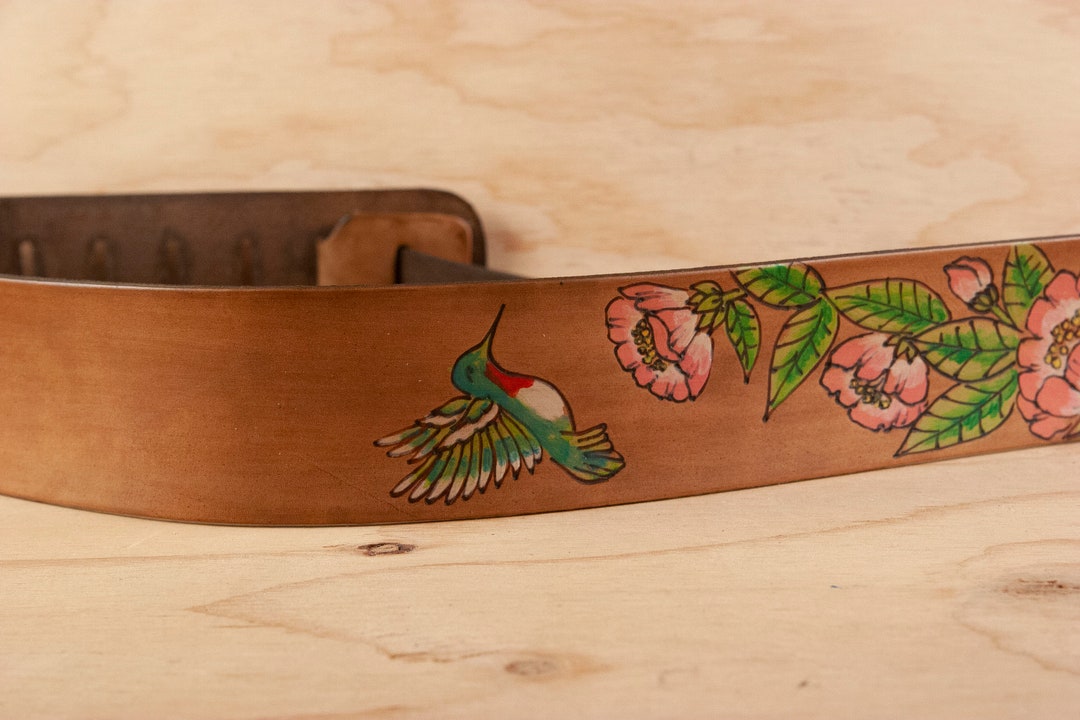 Handmade Leather Guitar Strap: Ruby Hummingbird & Camellia Flowers - Etsy