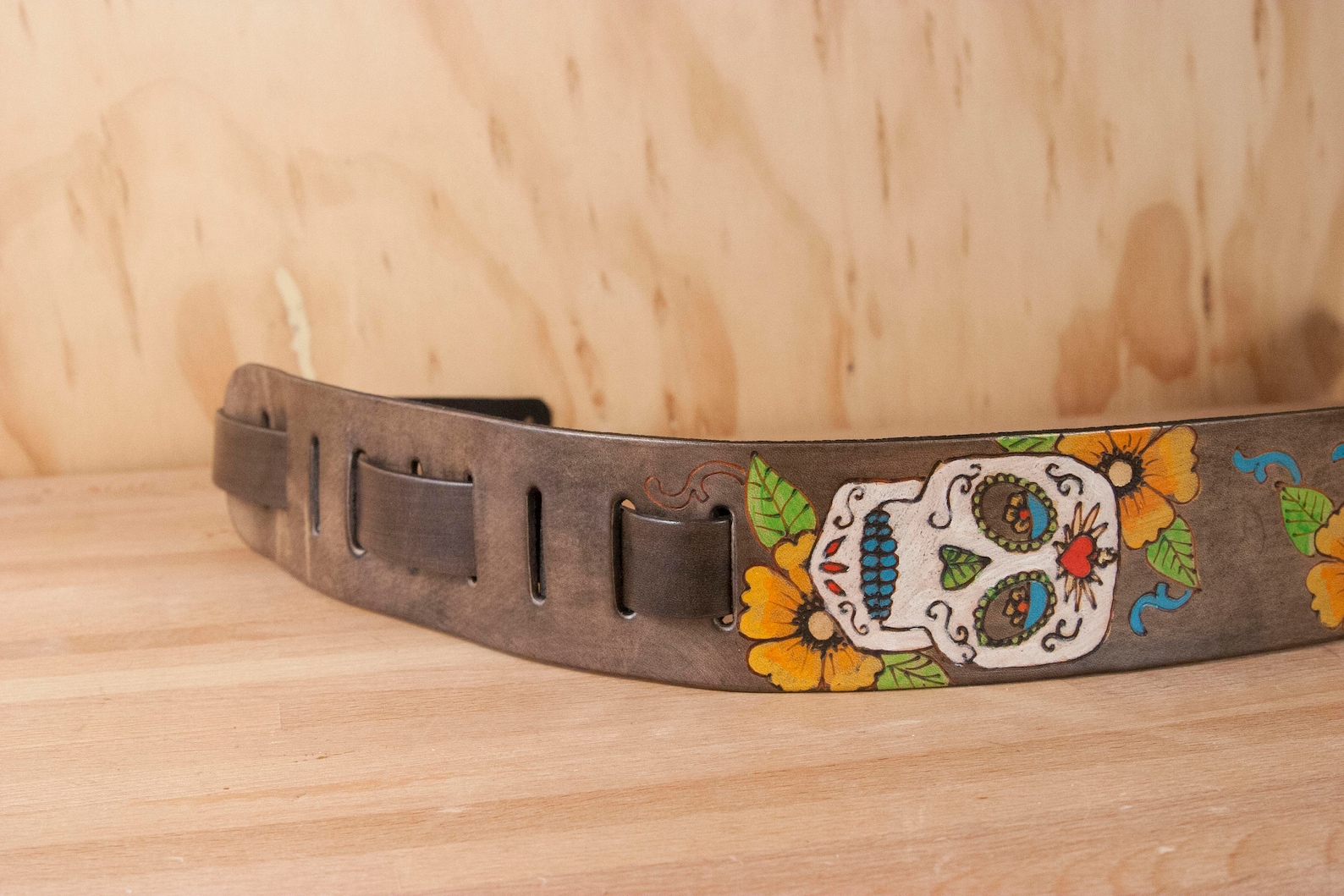 Sugar Skull Guitar Strap Handmade Leather With Sugar Skulls - Etsy